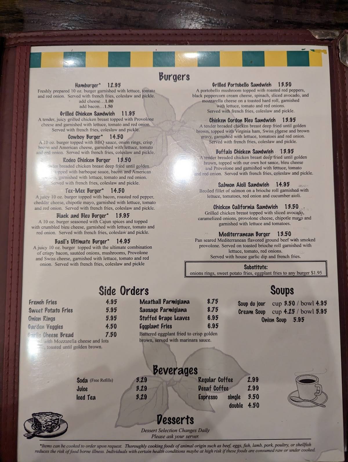 Menu at Basil's Restaurant, Stafford