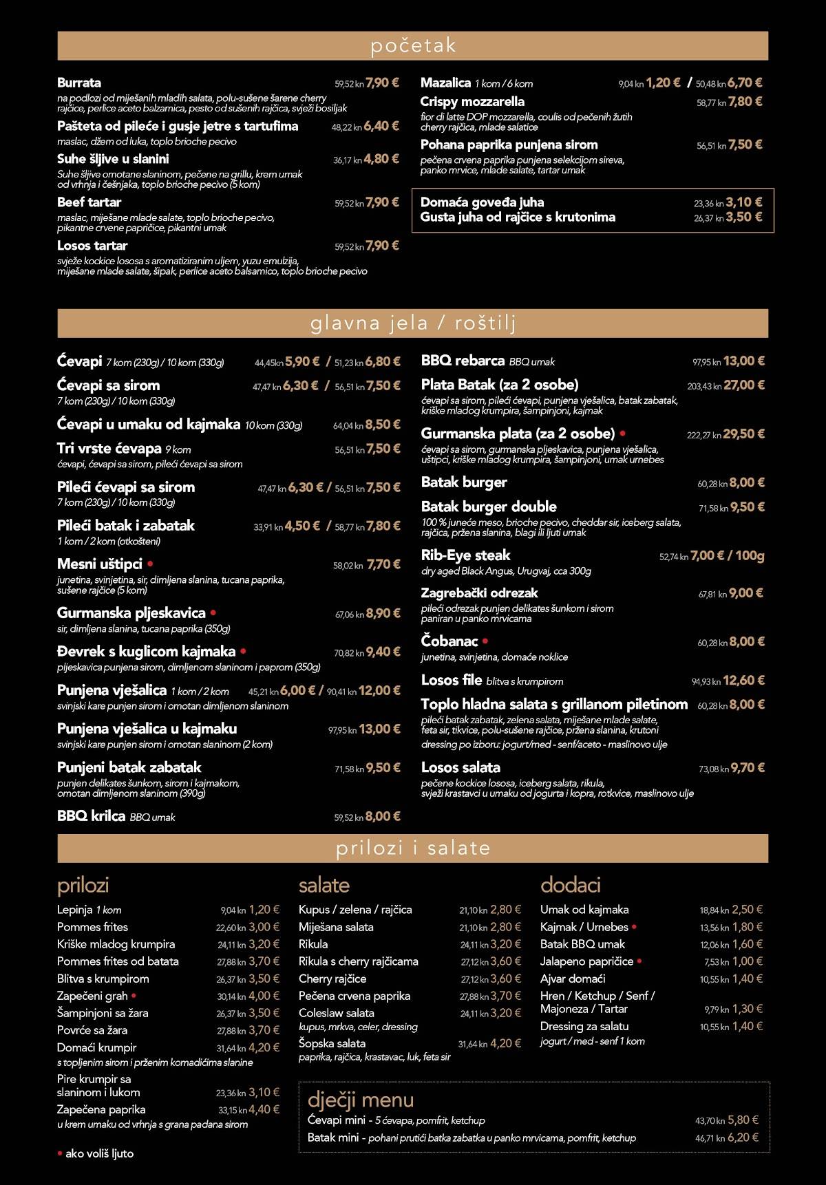 Menu at Batak Novi dvori Zaprešić restaurant, Zaprešić