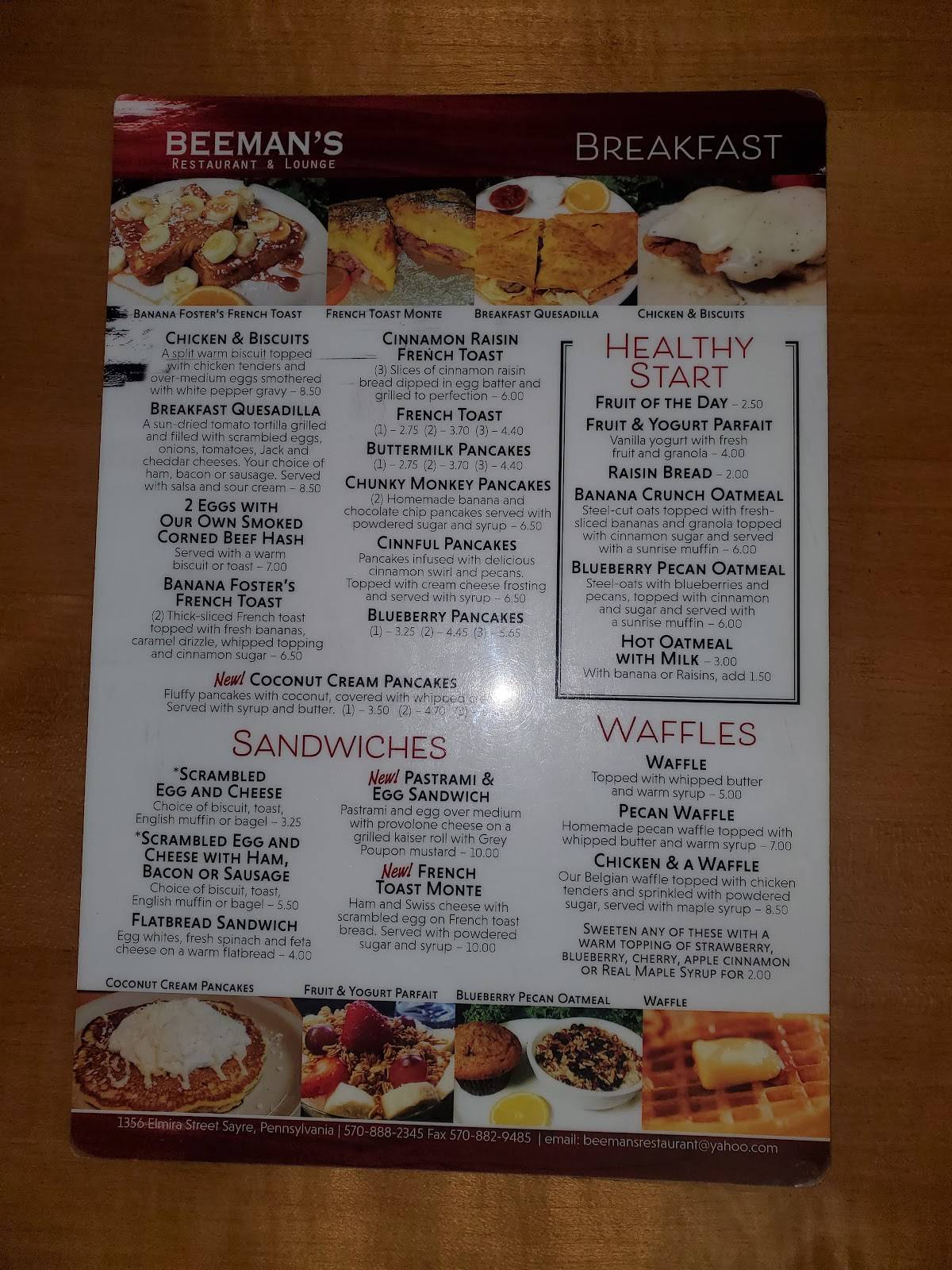 Menu at Beeman's restaurant, Sayre