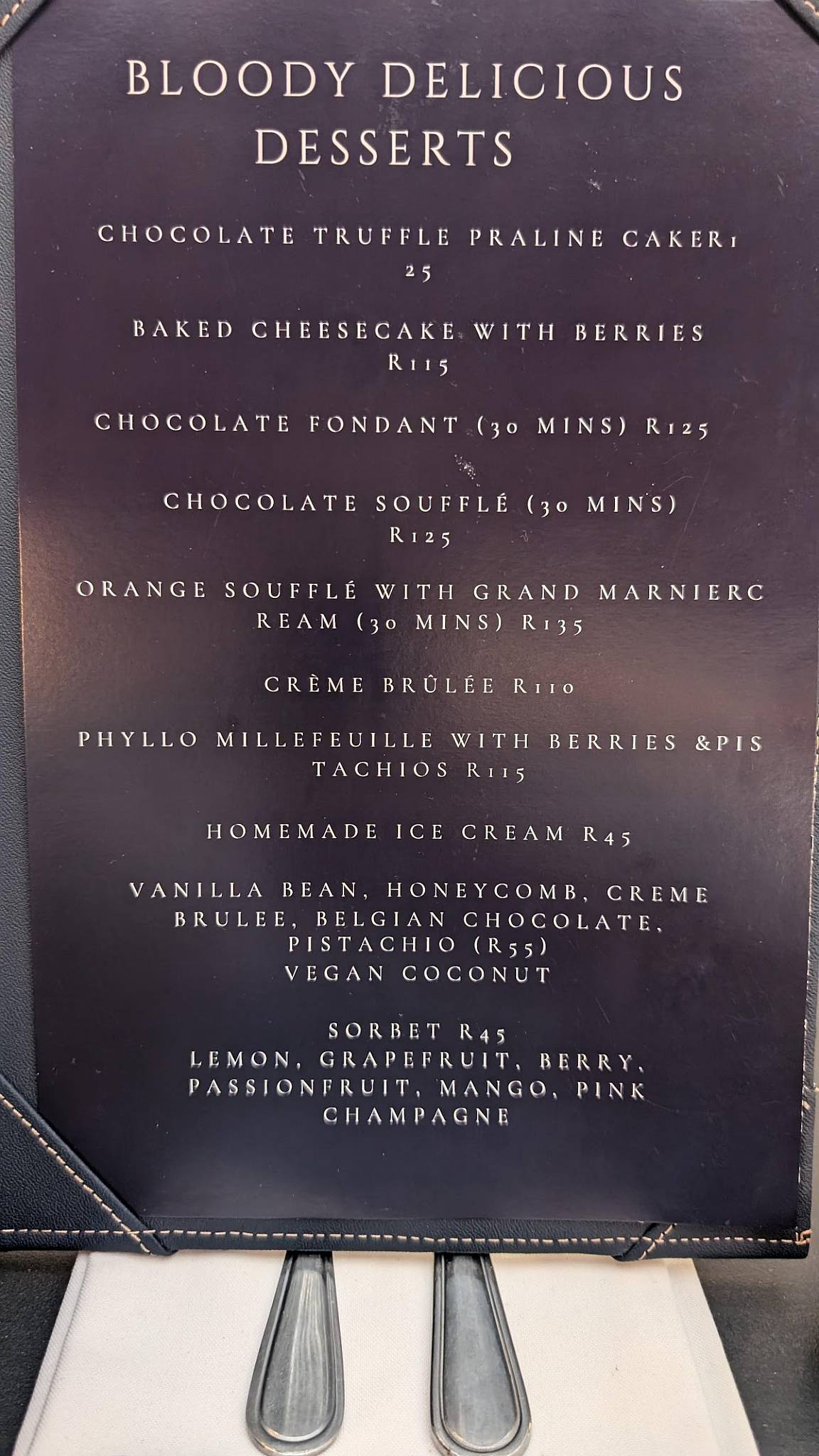 Menu at Bellagio Mediterranean Restaurant, Cape Town