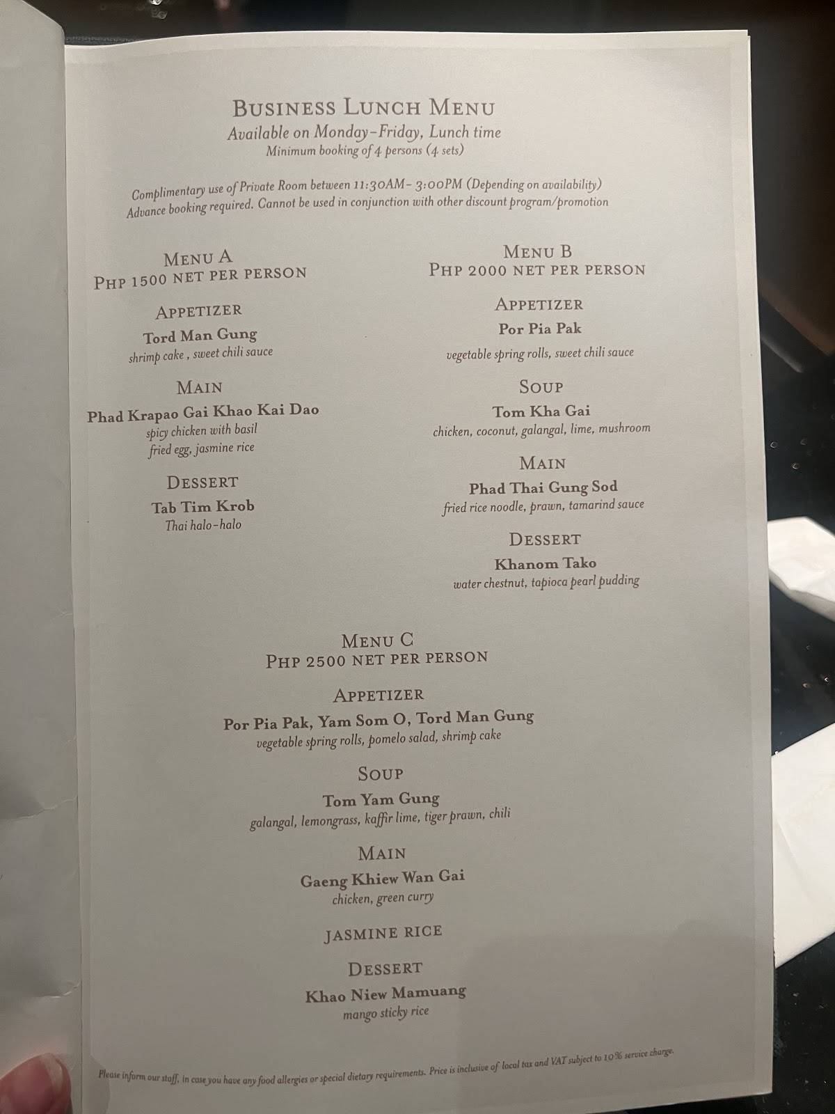 Menu at Benjarong Restaurant, Makati