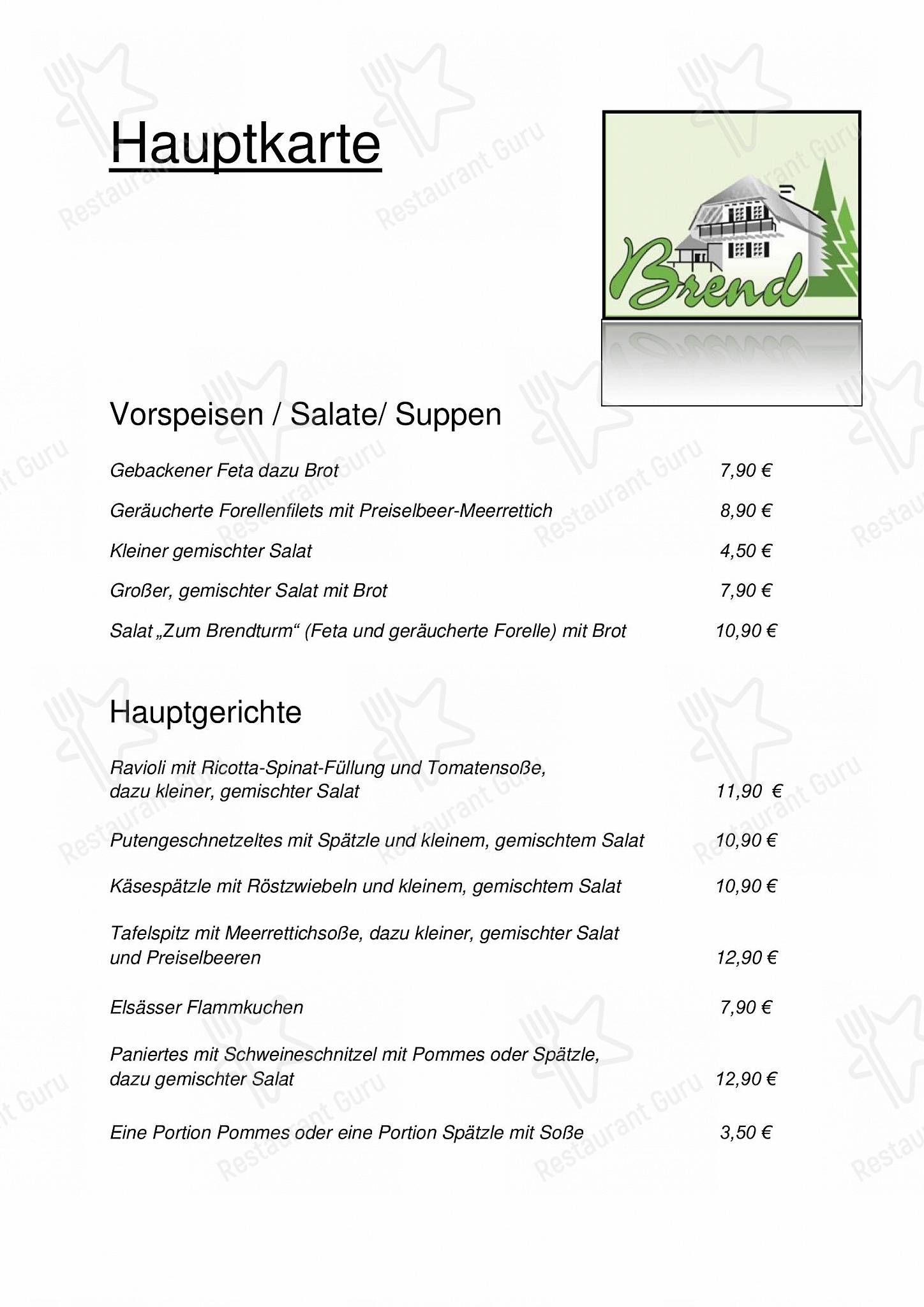 Speisekarte von Berggasthof Brend restaurant, Furtwangen im Schwarzwald