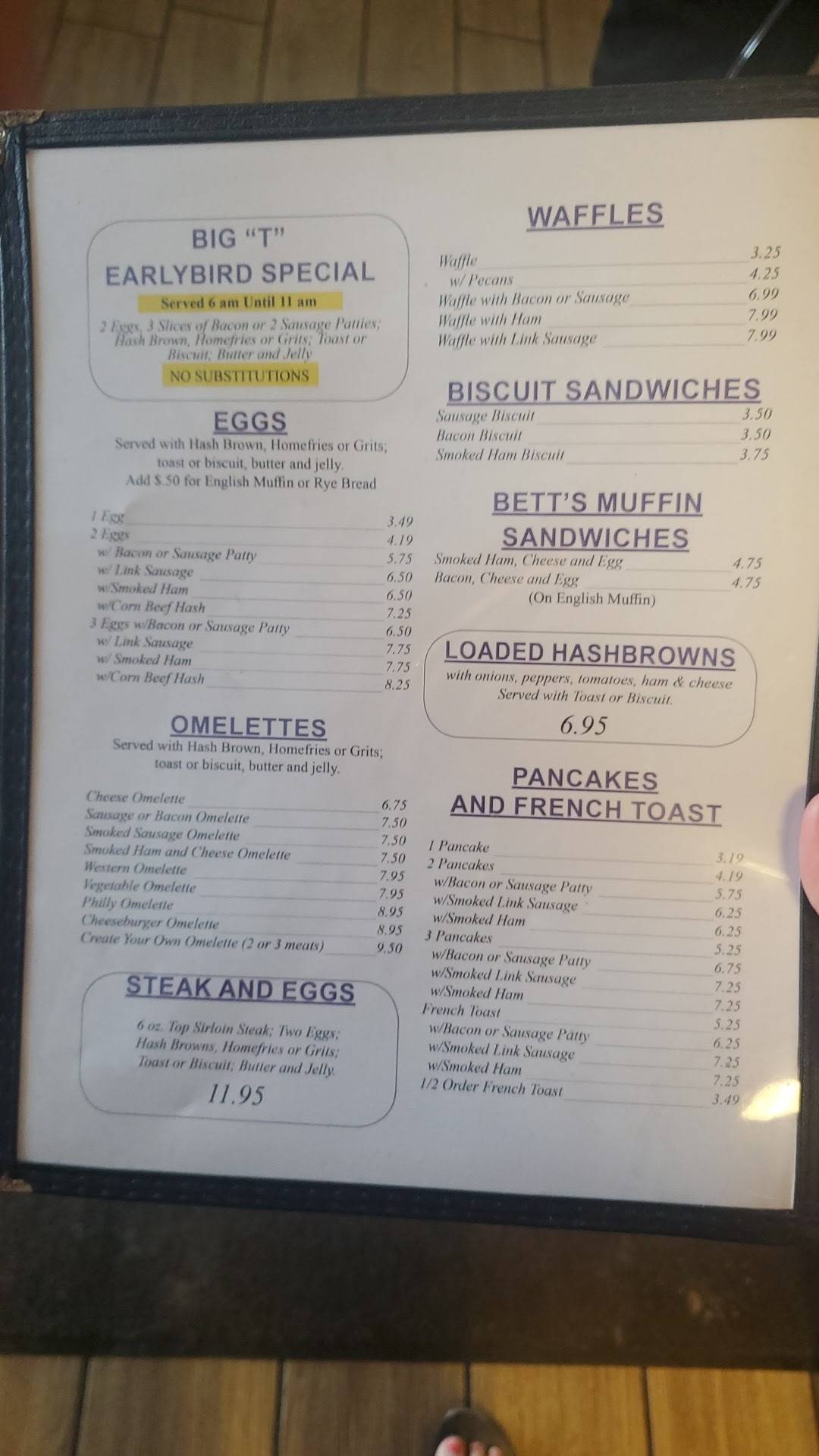 Menu at Bett's Big T Restaurant, Chiefland