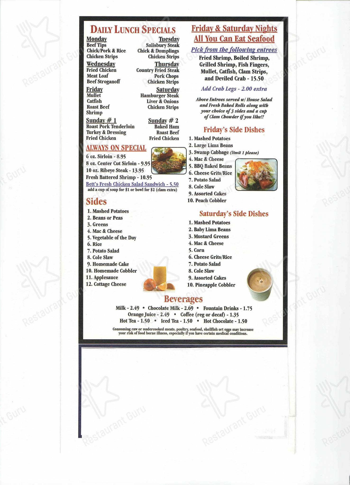 Menu at Bett's Big T Restaurant, Chiefland