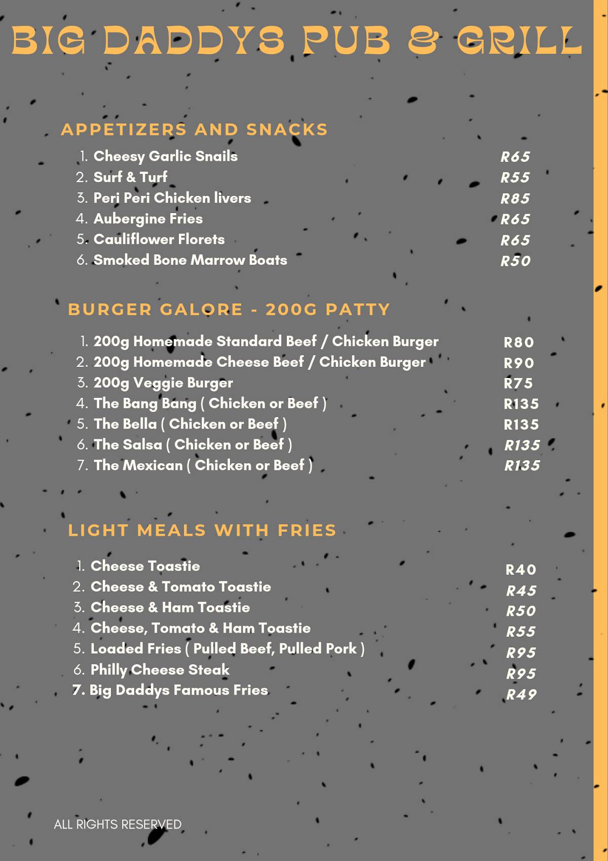 Menu at Big Daddy Pub & Grill, Nelspruit