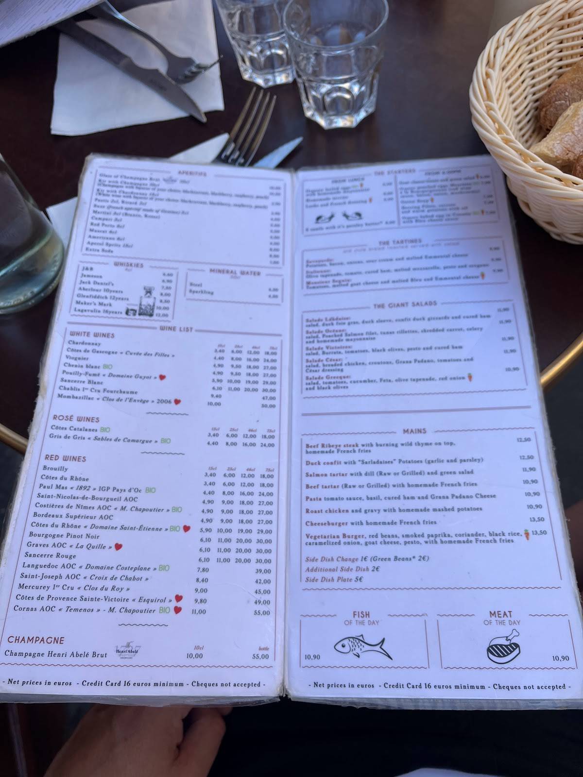 Menu at Bistrot Victoires restaurant, Paris, 6 Rue de la Vrillière