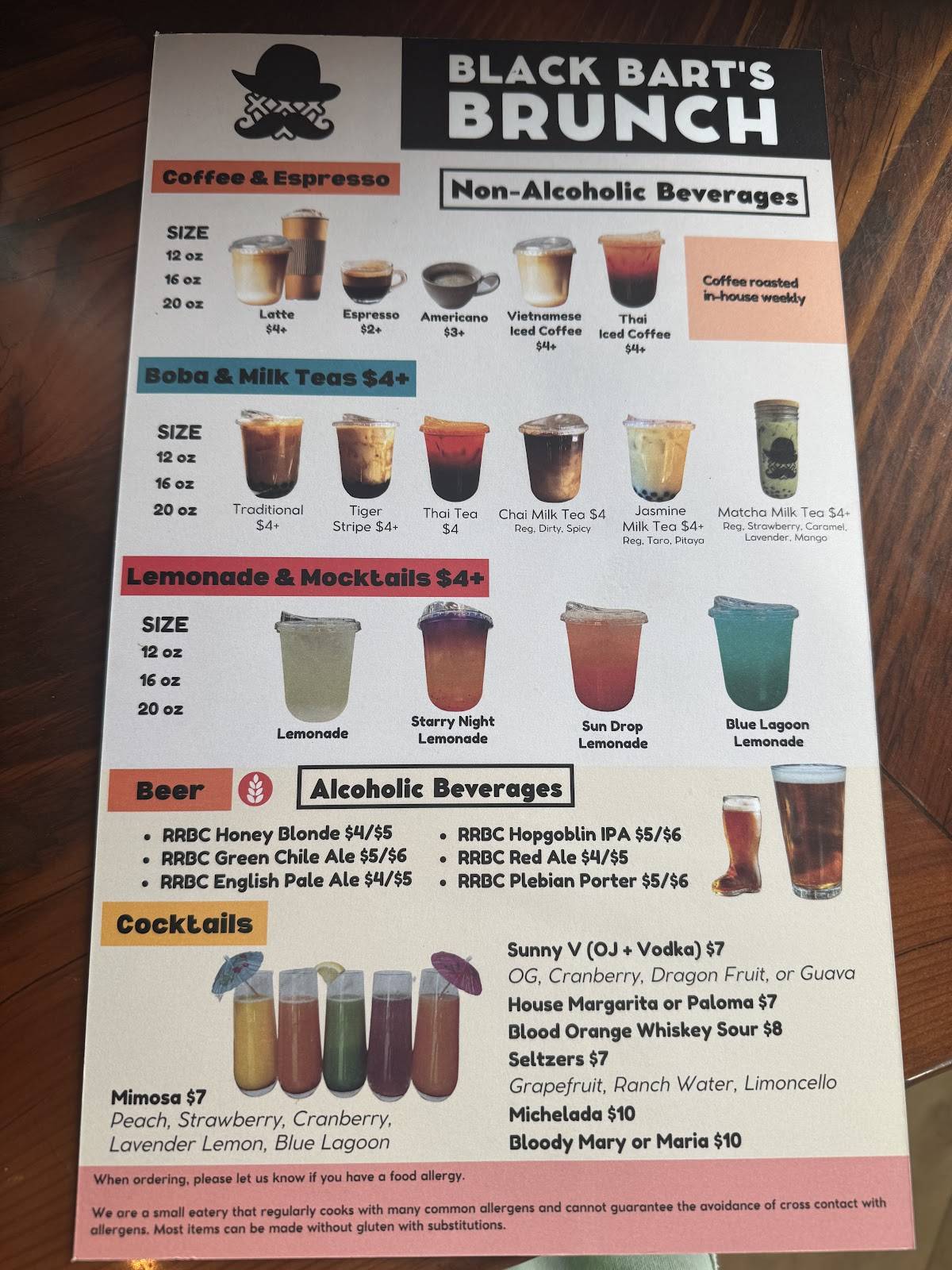 Menu at Black Bart's Brunch, Pagosa Springs