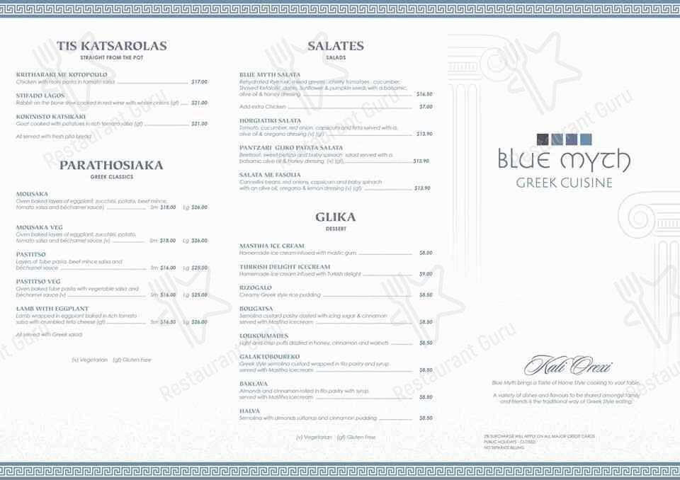 Menu at Blue Myth Greek Cuisine restaurant, Morley, 243/253 Walter Rd W