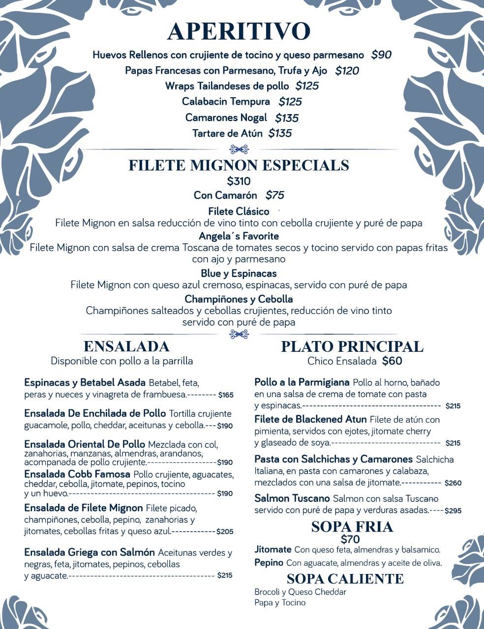 Menu at Blue Rose Bistro restaurant, Ajijic, Carr Jocotepec-chapala 224