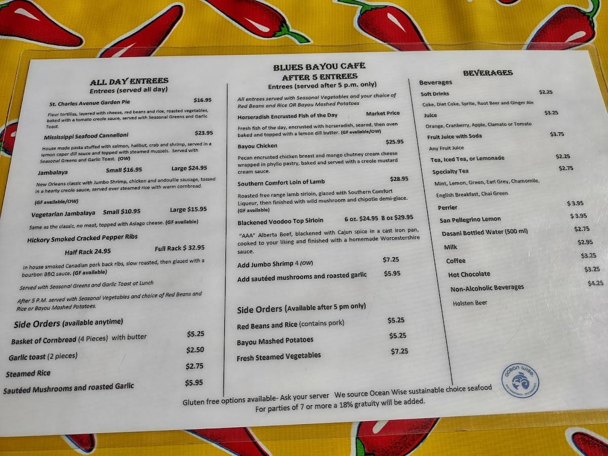 Menu at Blue's Bayou Cafe, Brentwood Bay