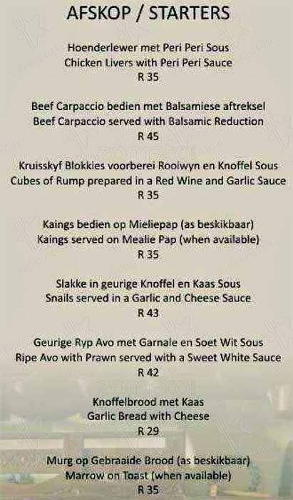 Menu au Boer soek Kos restaurant, Pretoria