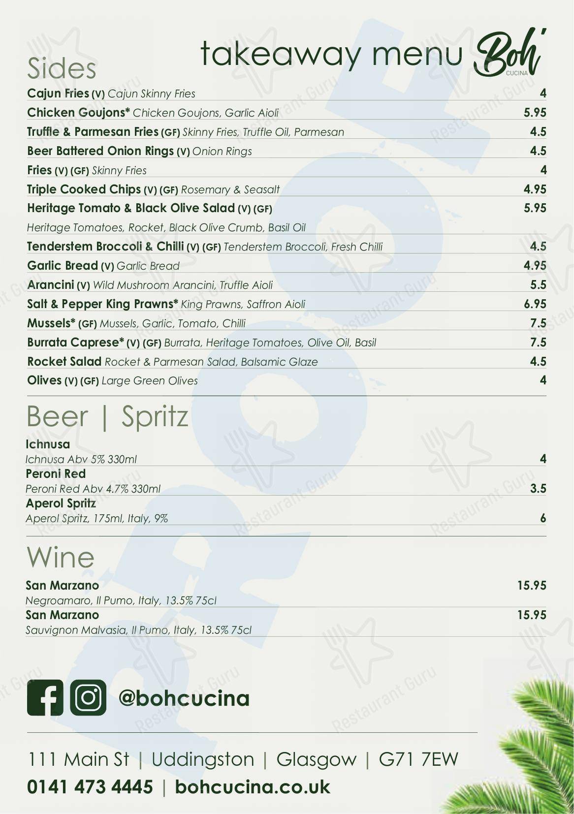 Menu at Boh’ cucina restaurant, Uddingston