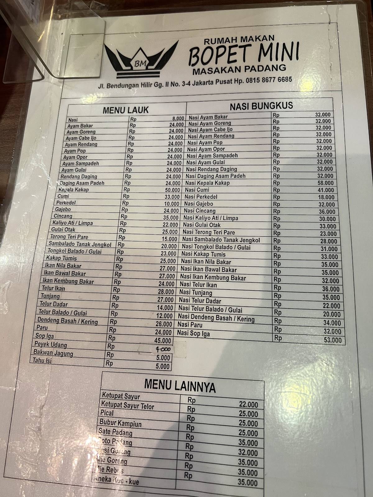 Menu at Bopet Mini @Benhil restaurant, Central Jakarta