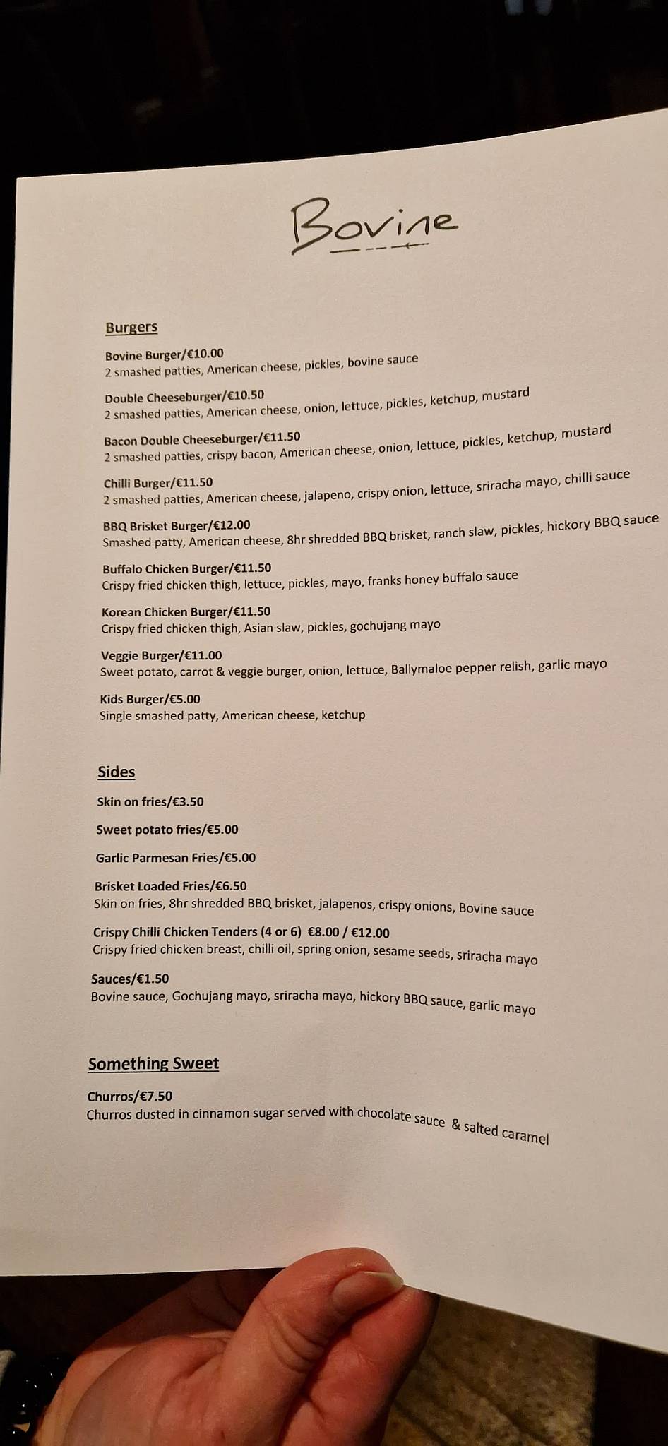 Menu at Bovine restaurant, Portlaoise