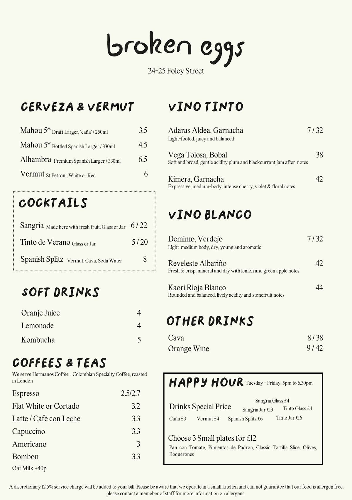Menu at Broken Eggs restaurant, London