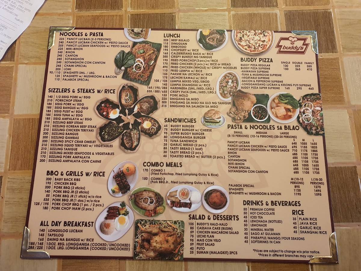 Menu at Buddy’s Pancit Lucban at Longganisang Lucban restaurant, Makati