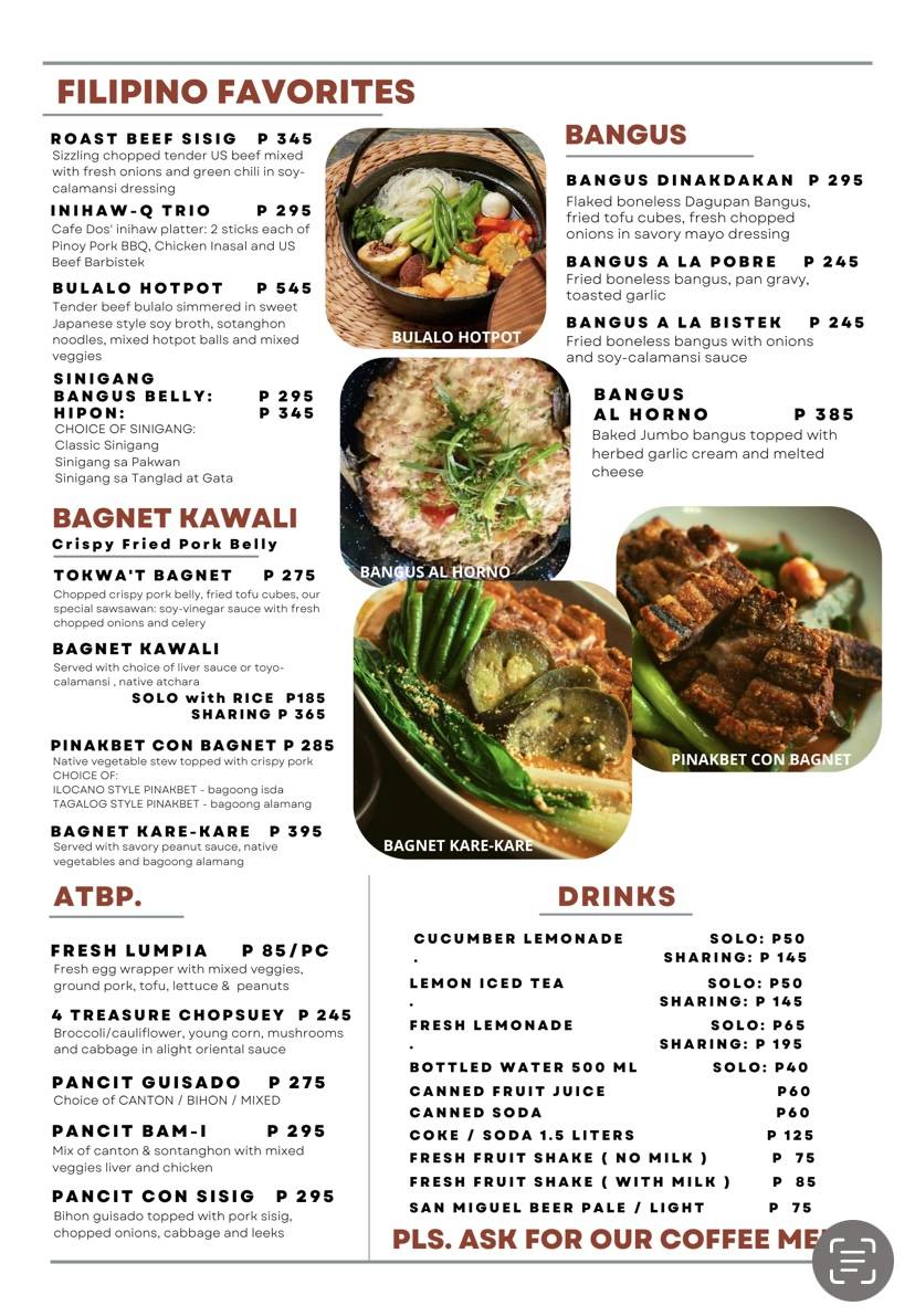 Menu at CAFE DOS by Ciudad Fernandino Urdaneta, Urdaneta City