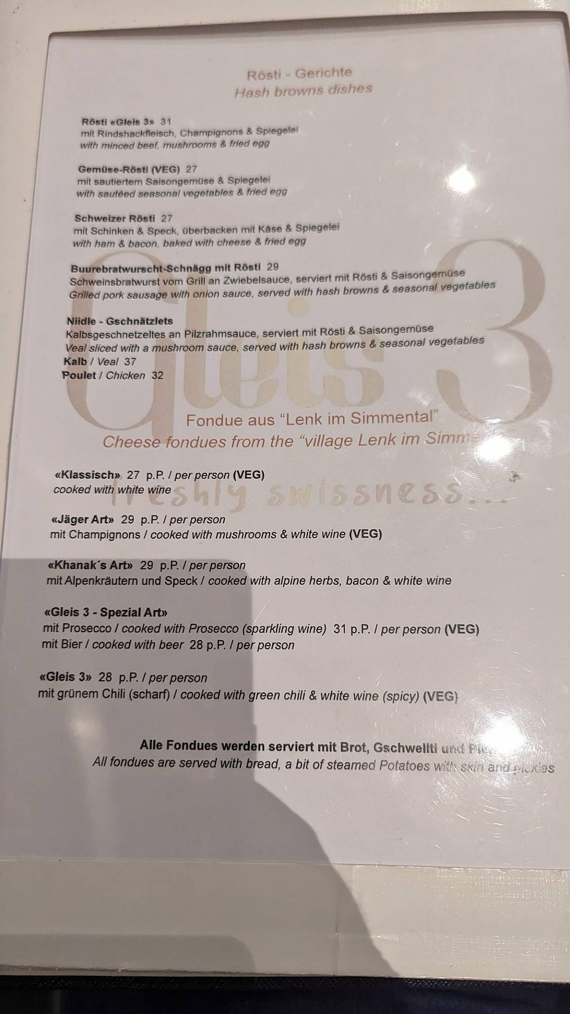 Menu at Restaurant Café Gleis 3 - Swiss Cuisine, Interlaken