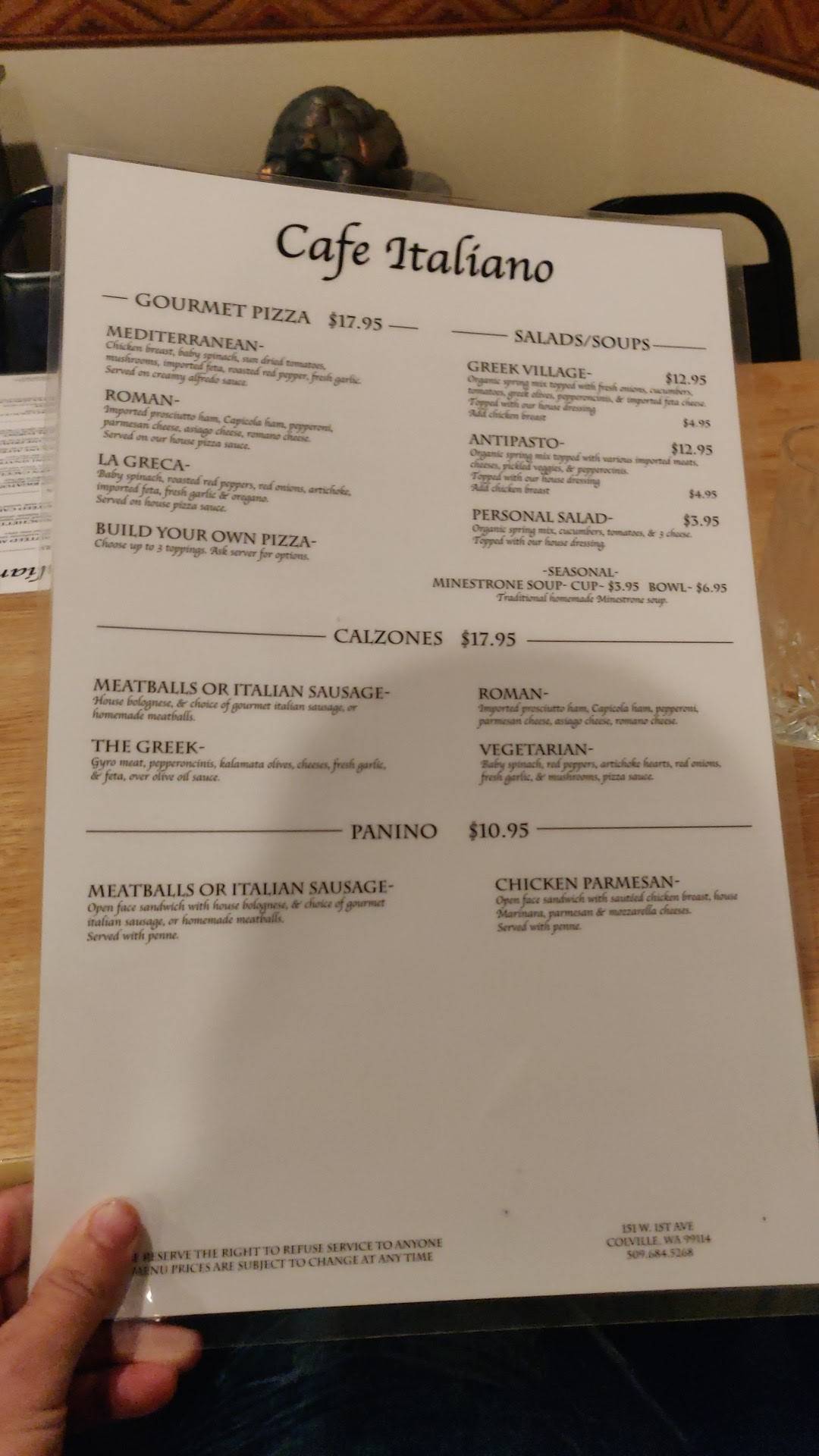 Menu at Cafe' Italiano, Colville, Opera House and I. O. O. F. Lodge