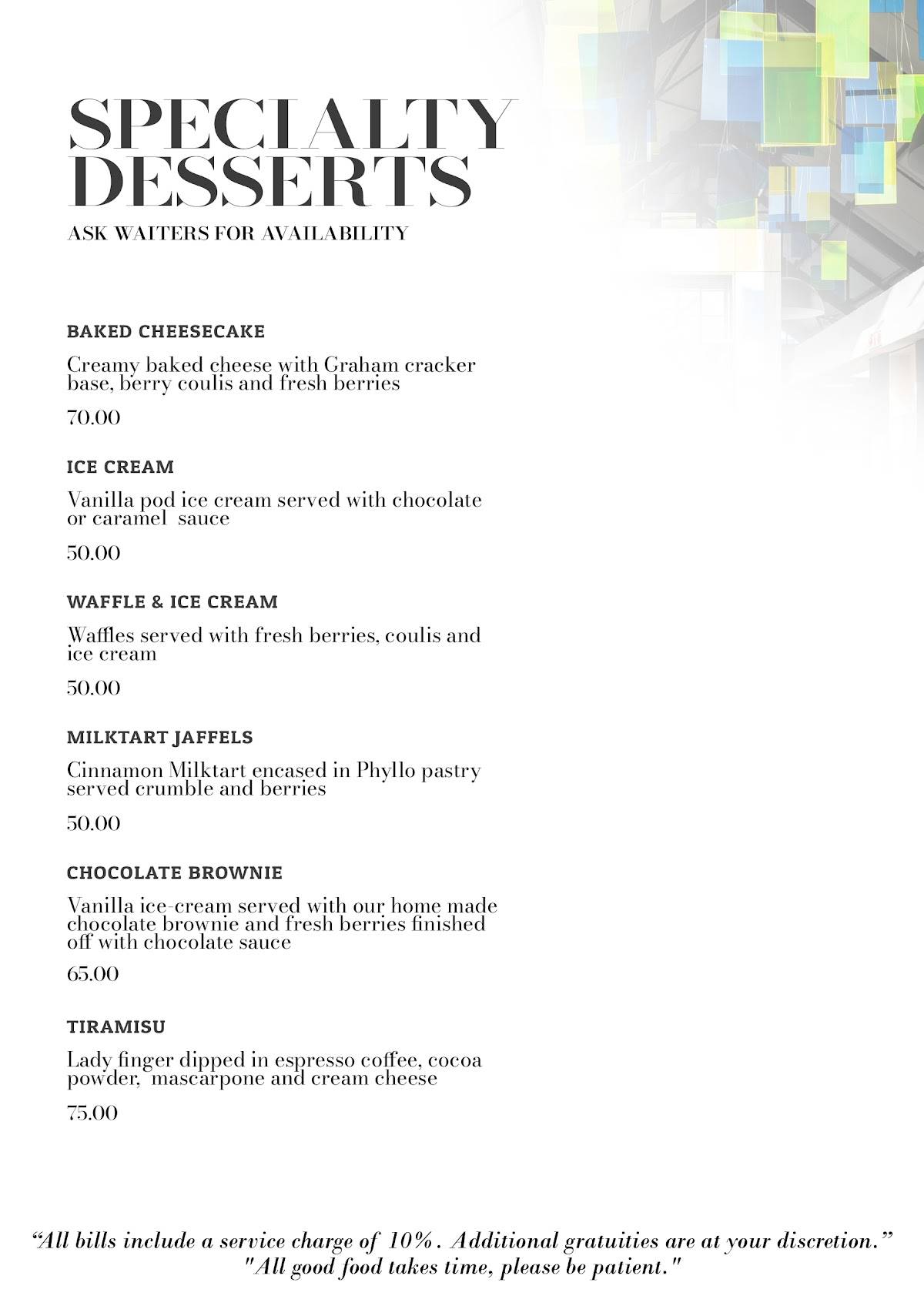 Menu at Café La Mare restaurant, Port Elizabeth