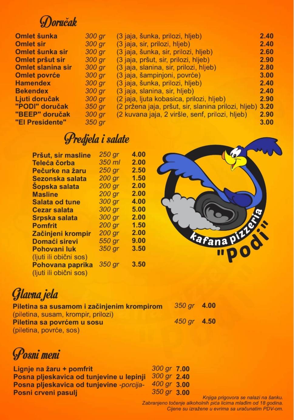 Menu at Caffe Bar & Restaurant Podi, Herceg Novi, 46 Pođanski put