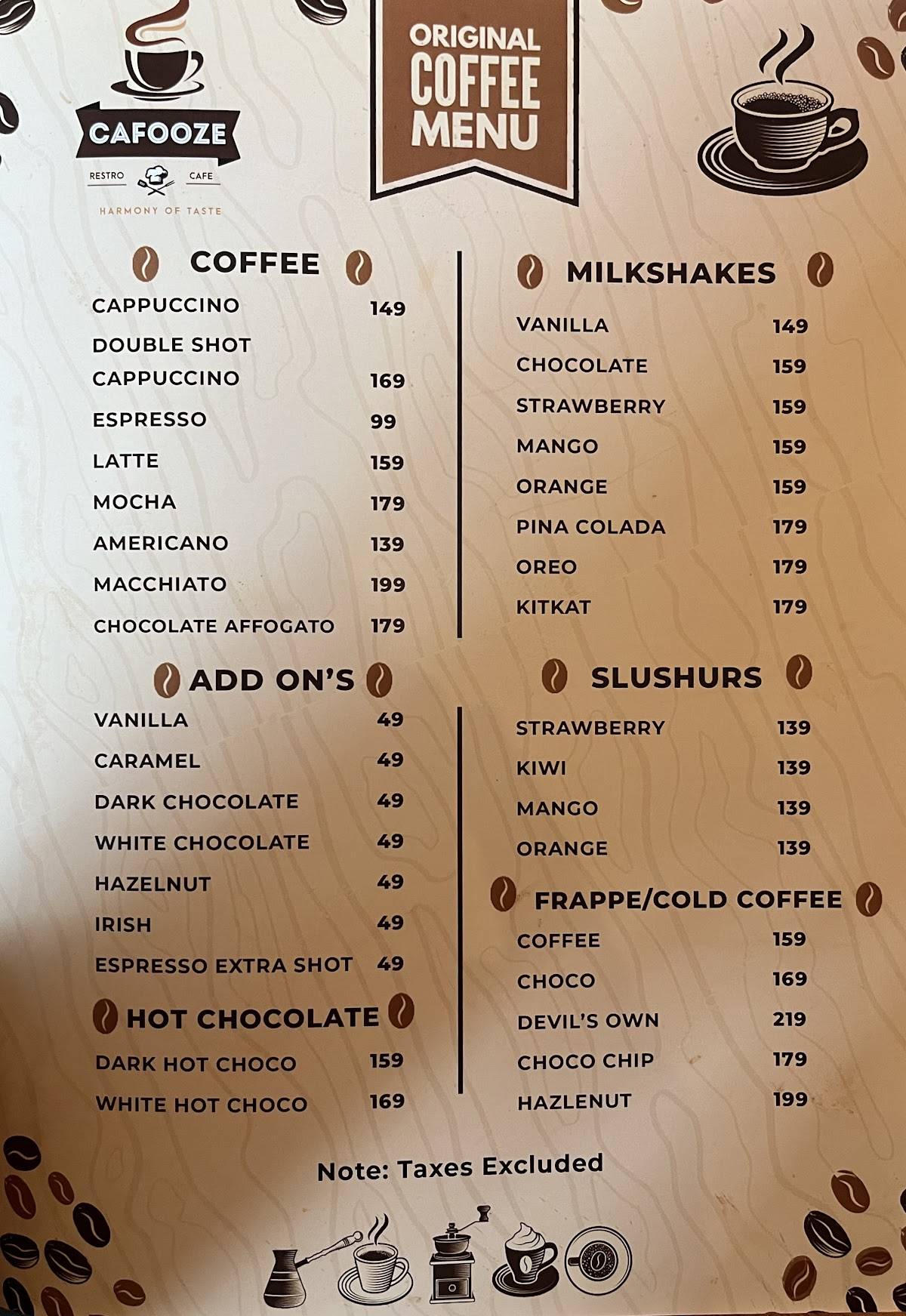 Menu at Cafooze restro cafe, Visakhapatnam