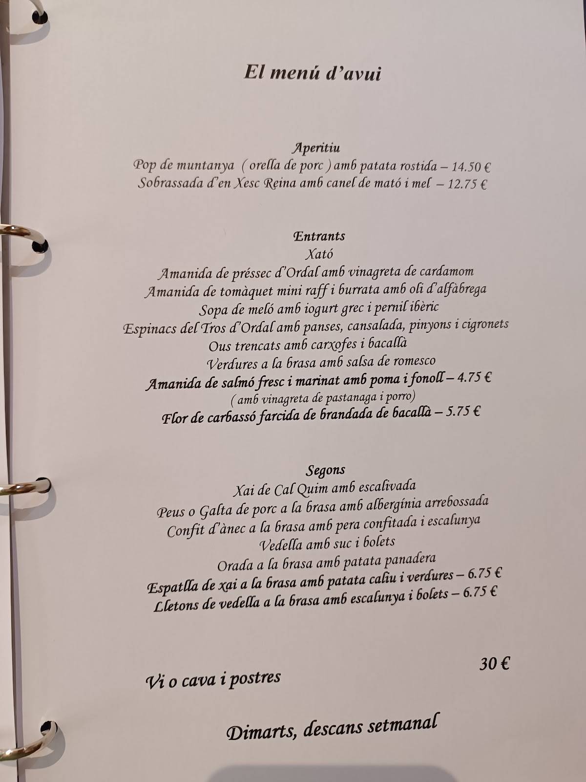 Carta de Restaurant Cal Xim, Sant Pau d'Ordal, Plaça de Subirats