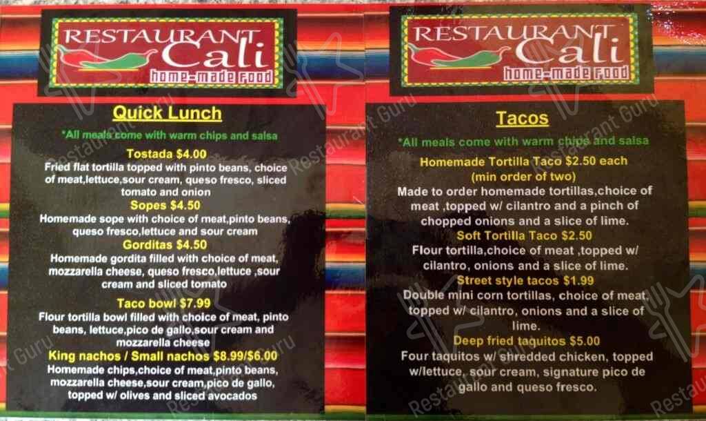 Carta del restaurante Cali Mexican Grill, Albany