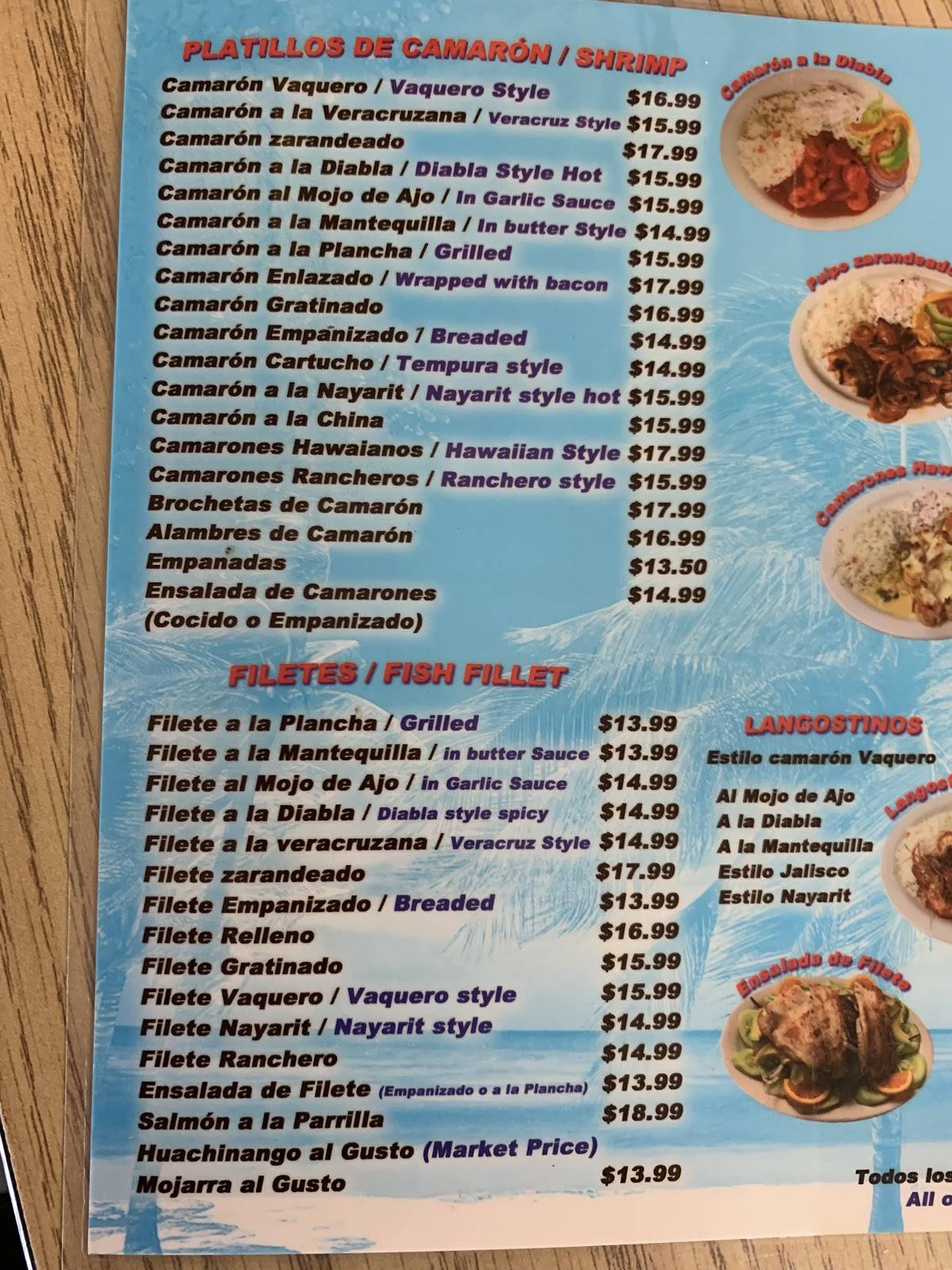 Menu at Camarón Vaquero restaurant, Chicago