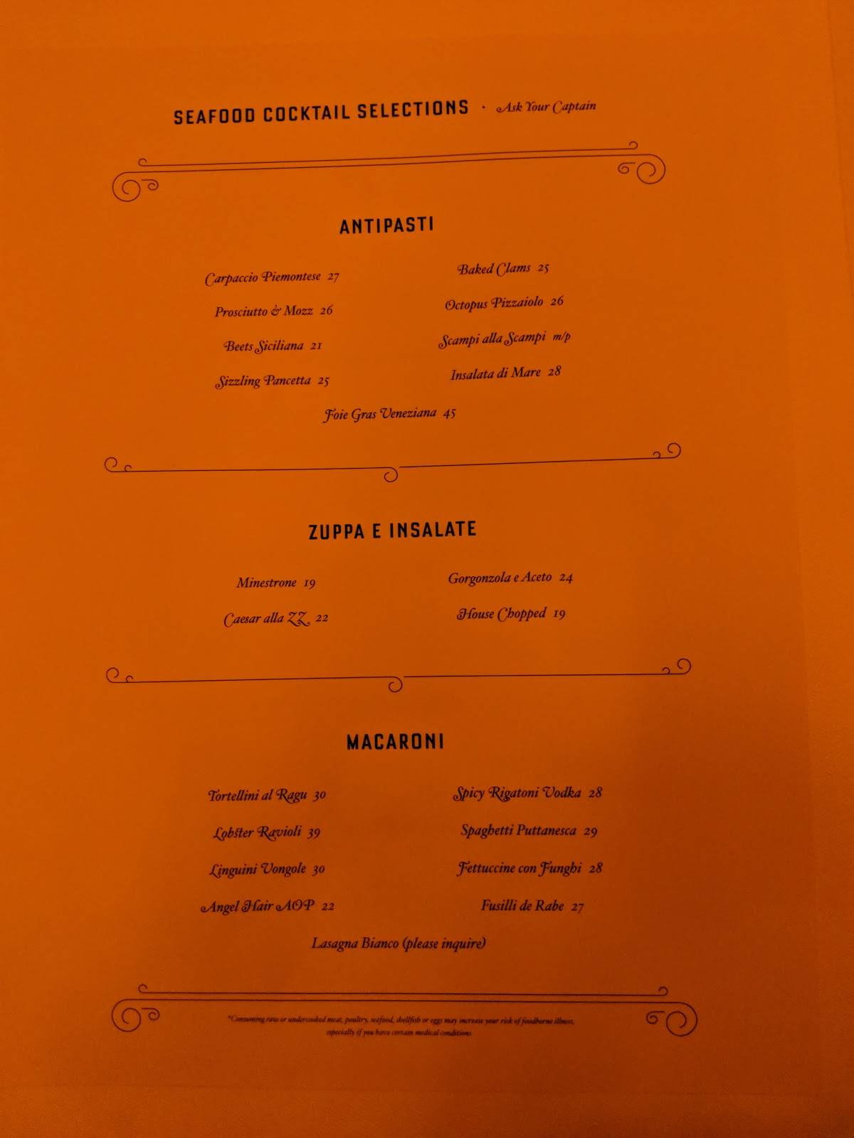 Menu at Carbone restaurant, Las Vegas, 3730 Las Vegas Fwy