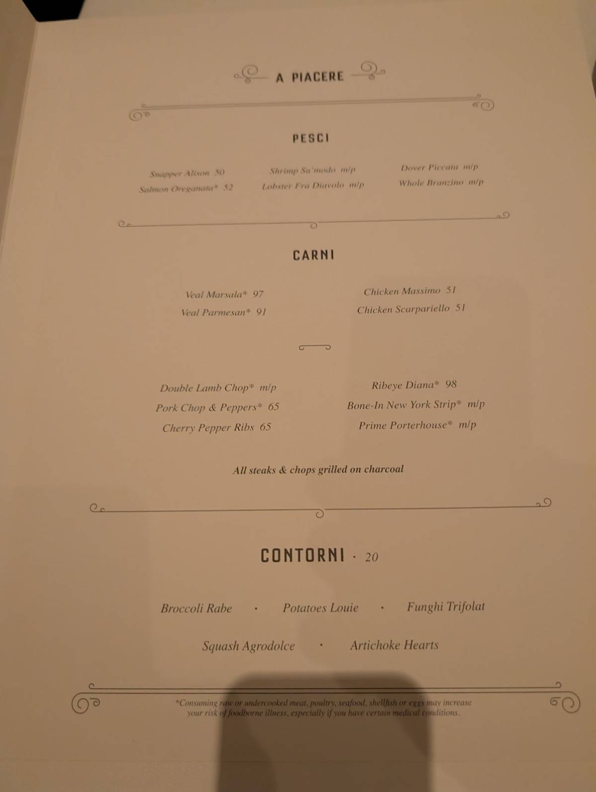Menu at Carbone restaurant, Las Vegas, 3730 Las Vegas Fwy