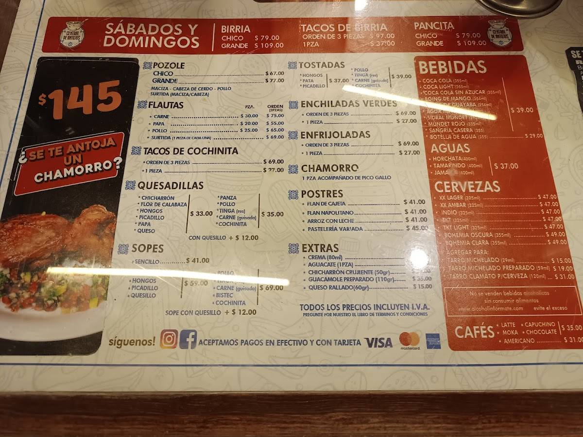 Carta del restaurante Central del Antojos, Ciudad del México