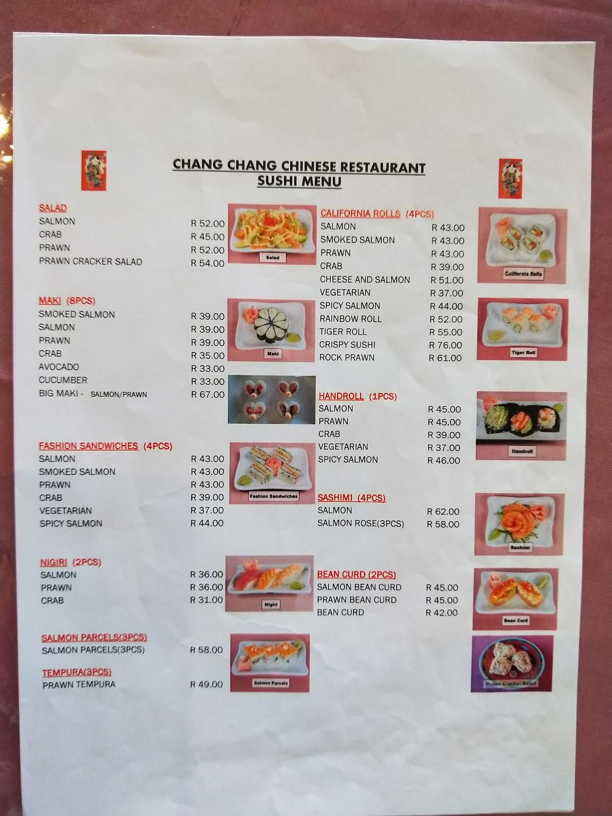 Menu at Chang Chang Chinese Restaurant., Parys