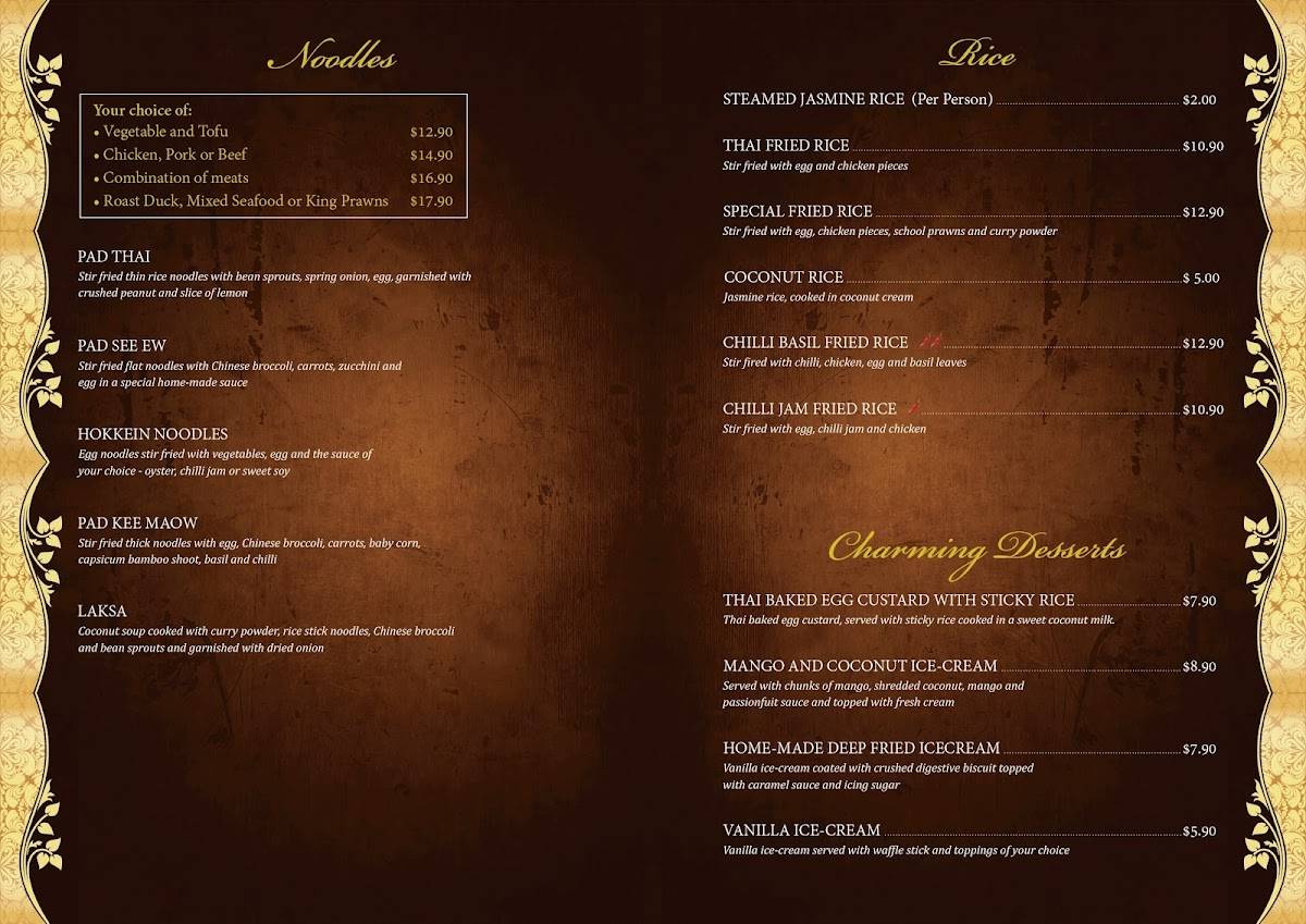 Menu at Charming Thai restaurant, Charmhaven