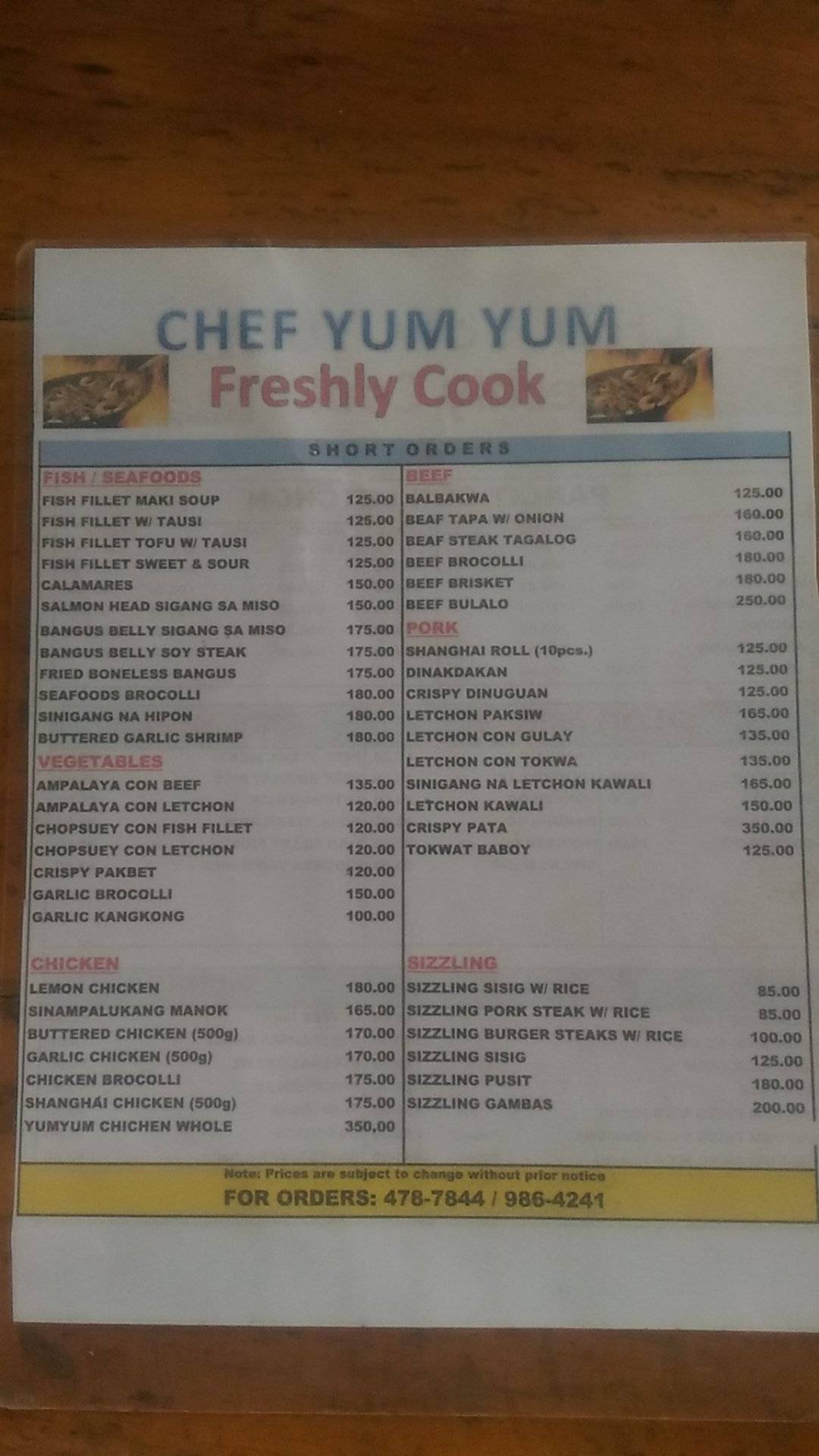 Menu at Chef Yum Yum restaurant, San Pedro