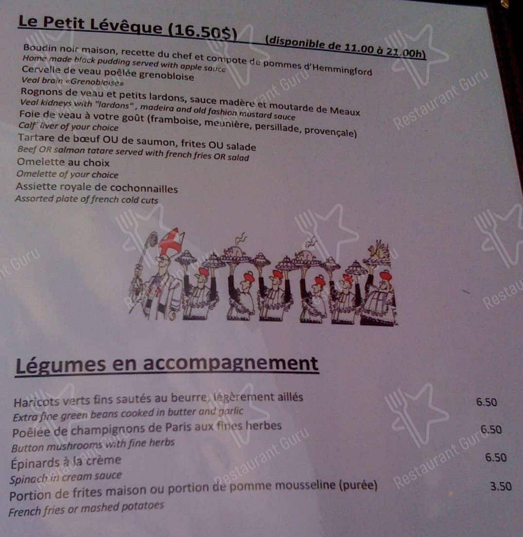 Menu au Chez Lévêque restaurant, Montréal