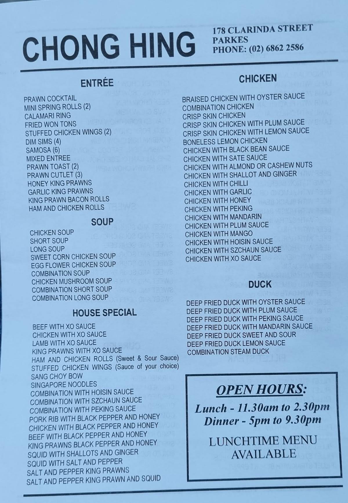 Menu at Chong Hing Restaurant, Parkes