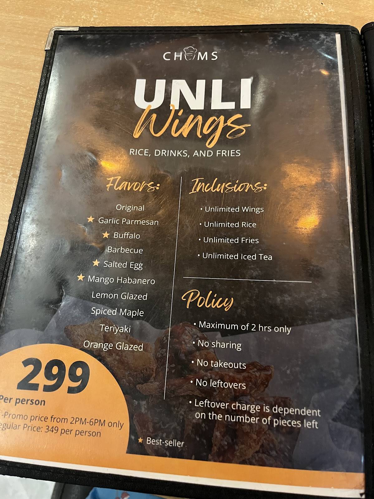 Menu at Chums Restaurant, General Trias