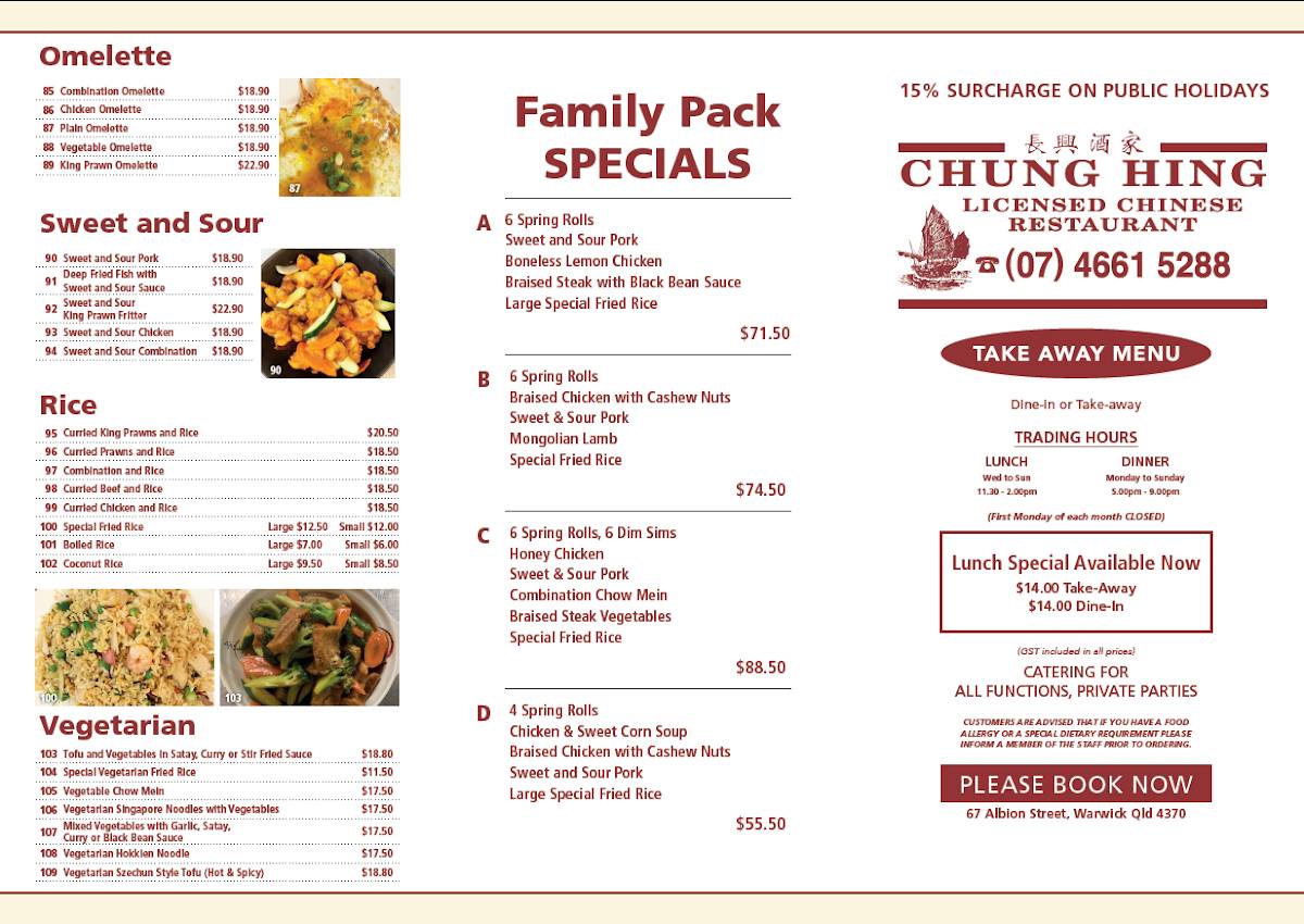 Menu at Chung Hing Licensed Chinese Restaurant, Warwick