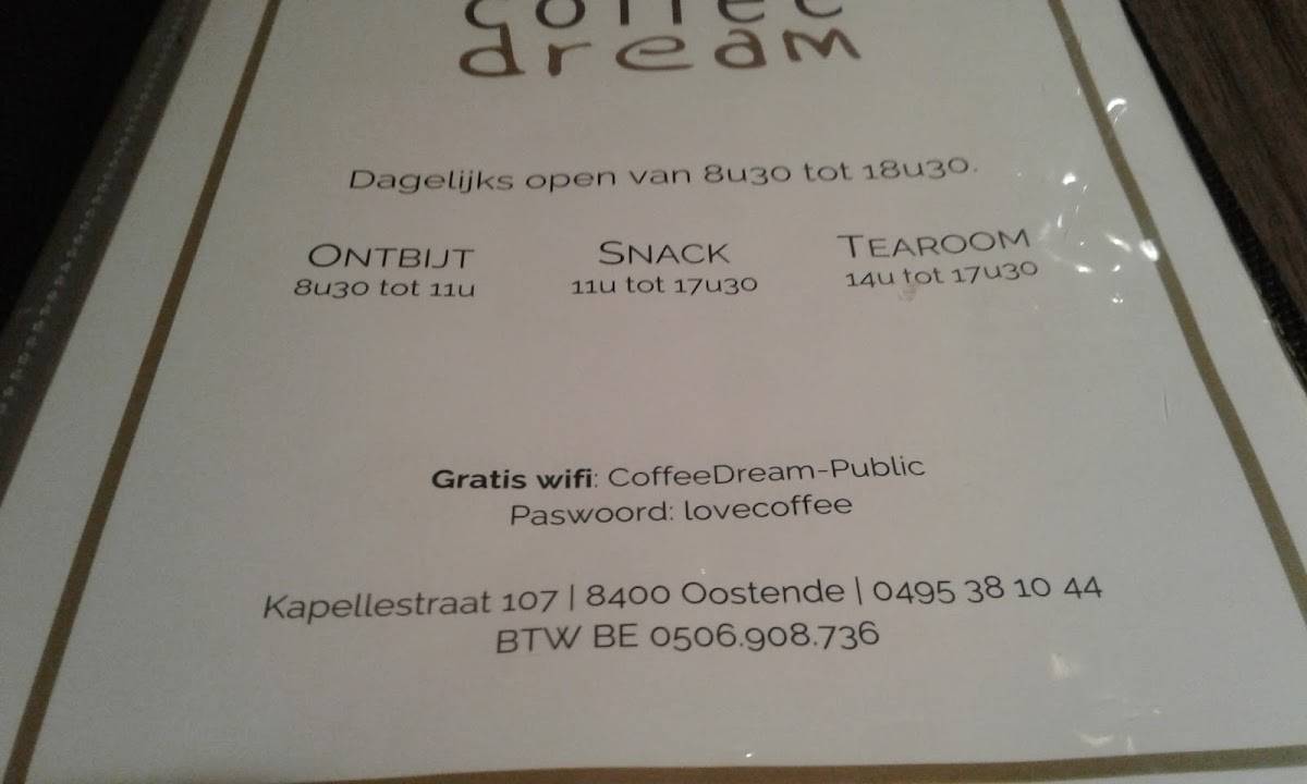 Menu at Coffee Dream, Ostend