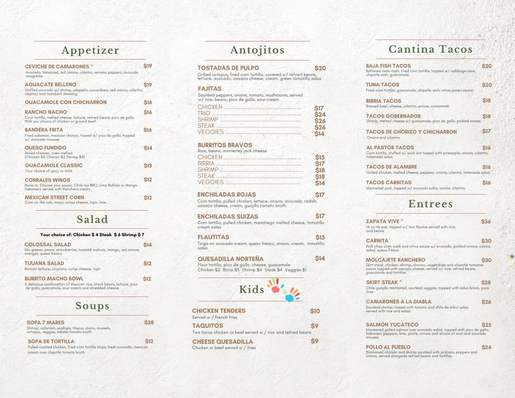 Menu at Colossal Restaurant, Wharton