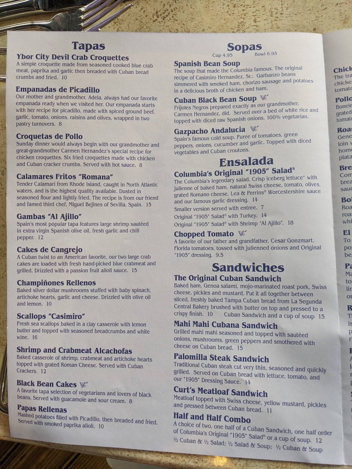 Menu at Columbia Restaurant Sand Key, Clearwater