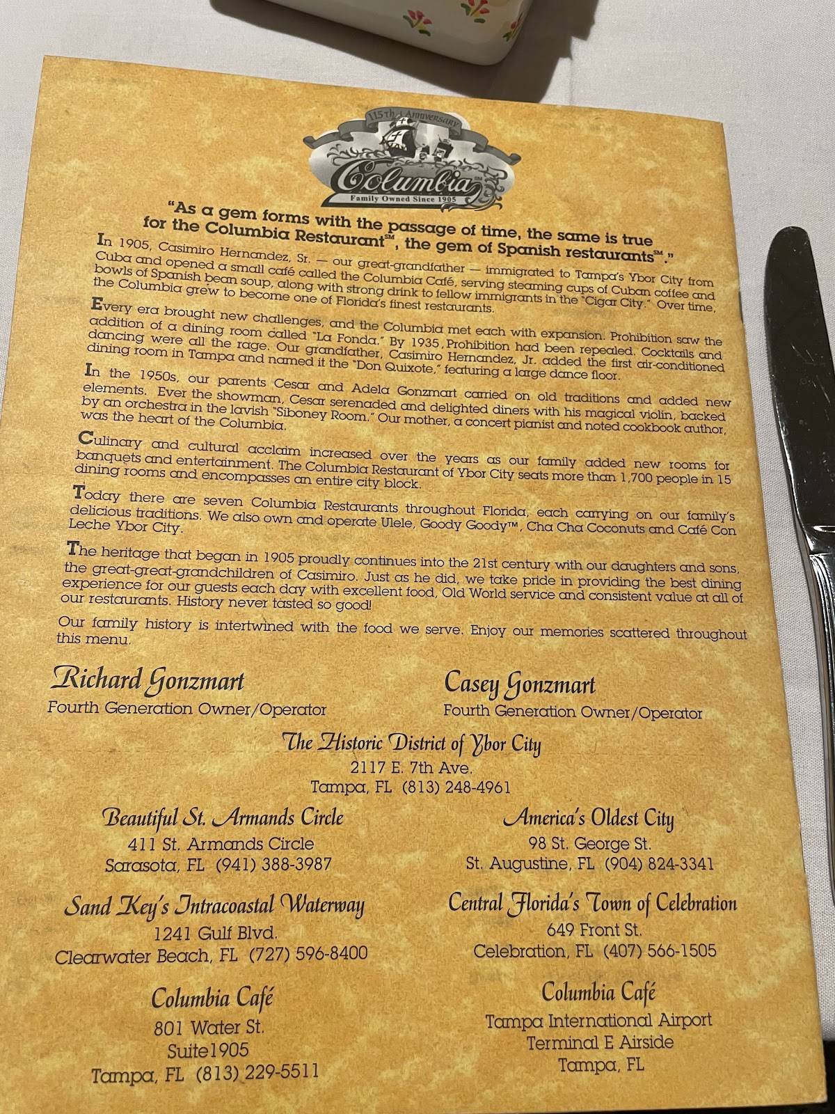 Menu at Columbia Restaurant, Tampa, E 7th Ave