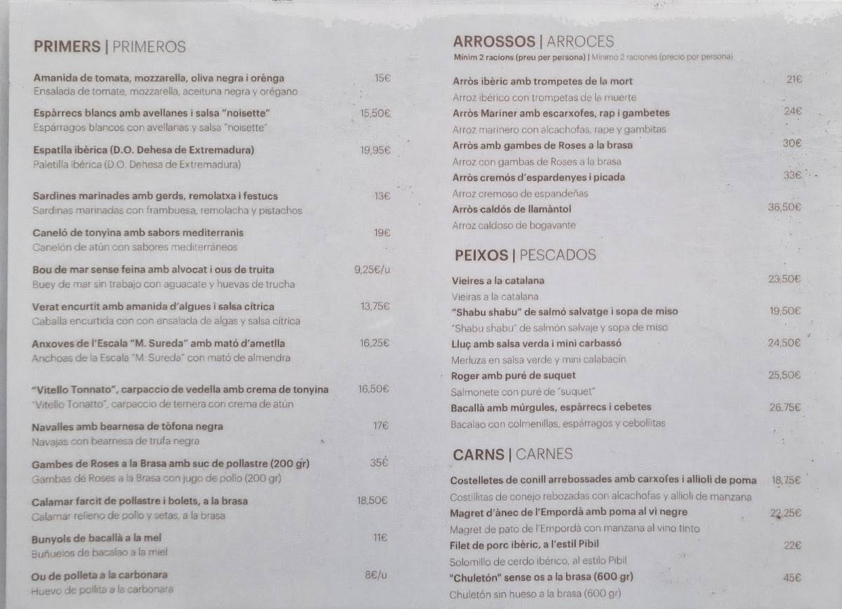 Menu at Compartir restaurant, Cadaqués, Riera de Sant Vicenç