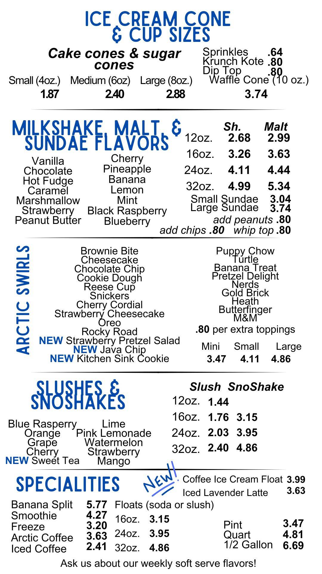 Menu at Cone Palace restaurant, Kokomo