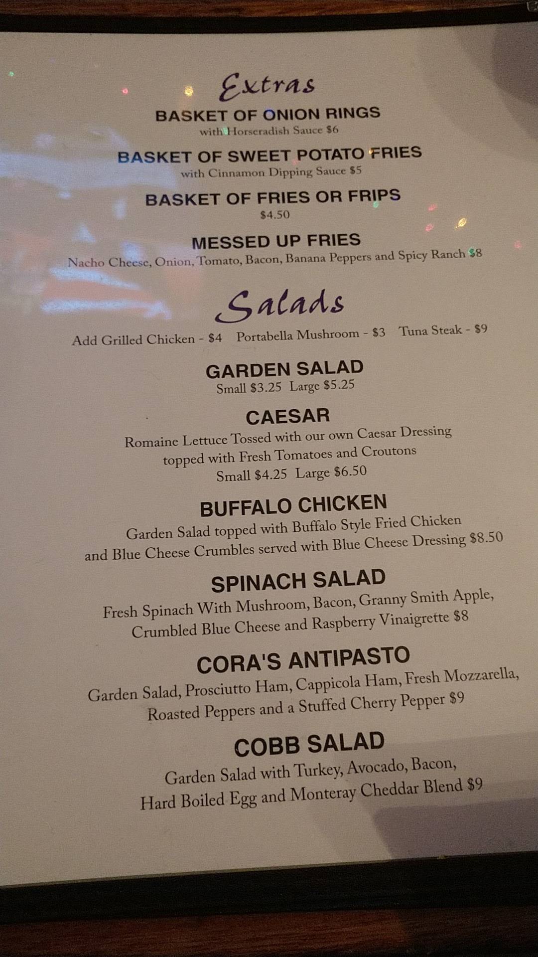 Menu at Cora's 1850 Bistro restaurant, Hawley, 525 Welwood Ave