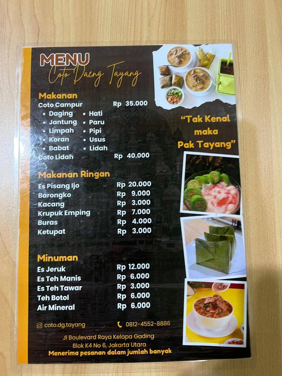Menu at Coto Daeng Tayang Kelapa Gading restaurant, North Jakarta