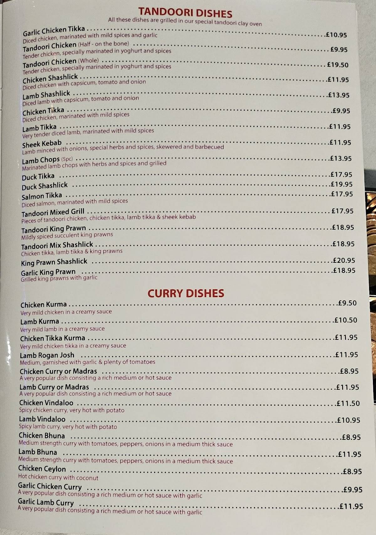 Menu at Crayford Tandoori restaurant, Dartford