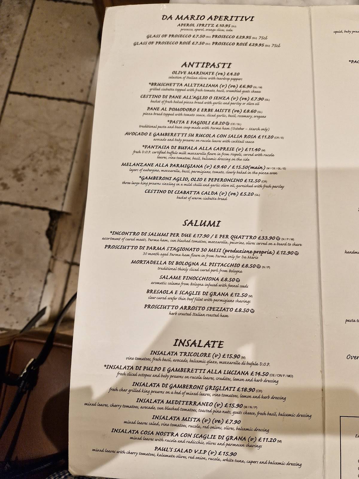 Menu at Da Mario Kensington restaurant, London, 15 Gloucester Rd