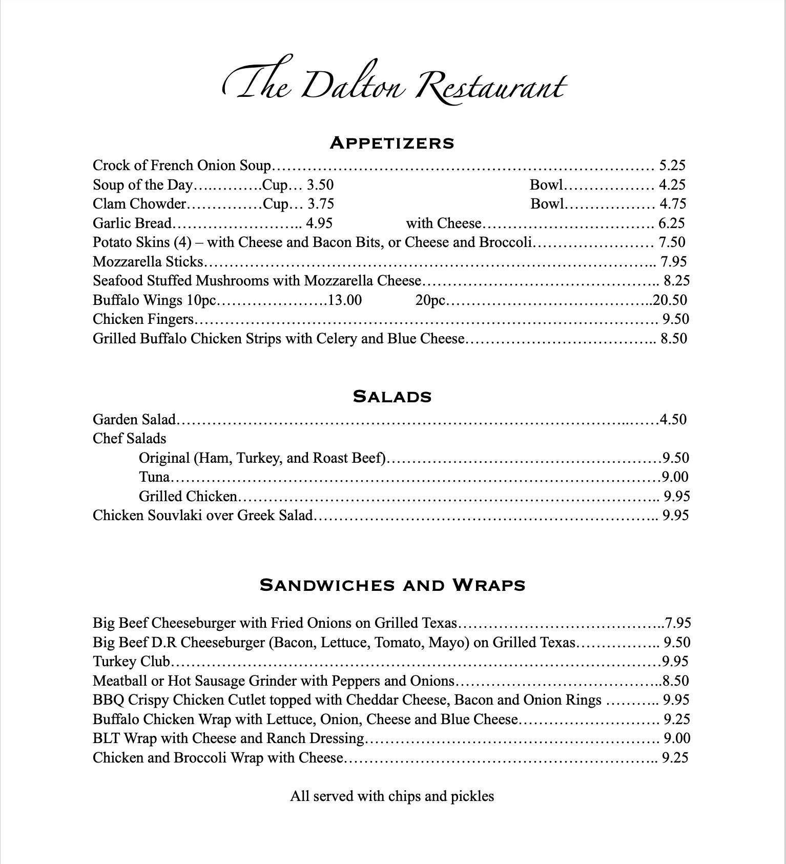 Menu at Dalton Restaurant, Dalton